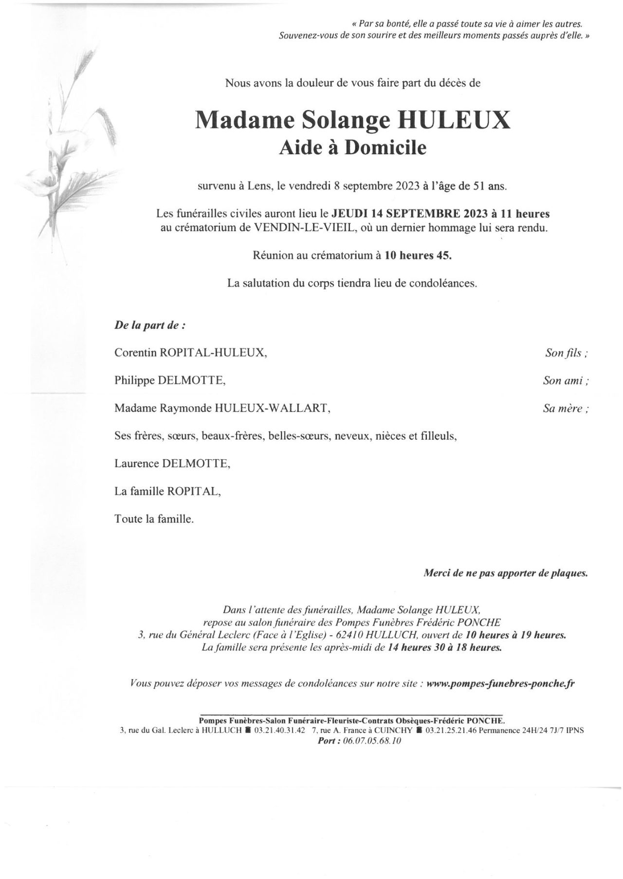 MADAME SOLANGE HULEUX | Pompes Funebres Ponche Frédéric