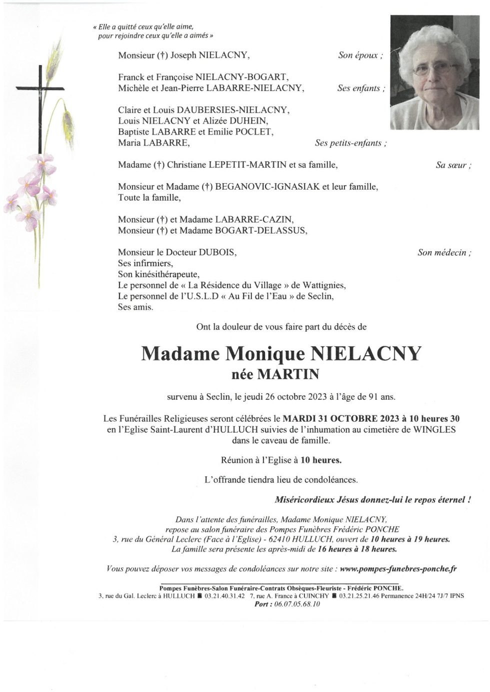 MADAME MONIQUE NIELACNY NÉE MARTIN | Pompes Funebres Ponche Frédéric