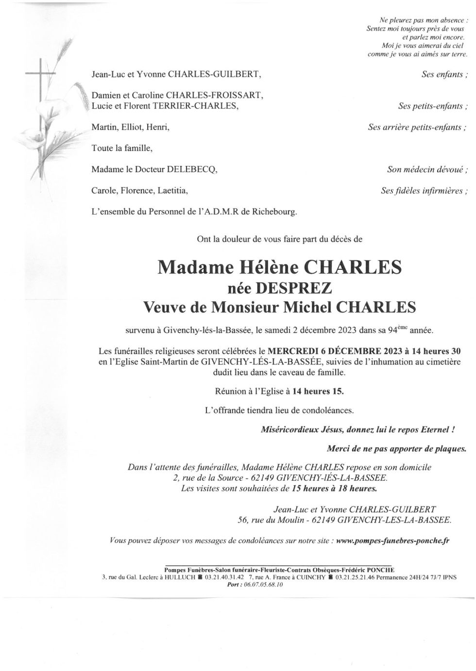 MADAME HÉLÈNE CHARLES NÉE DESPREZ | Pompes Funebres Ponche Frédéric