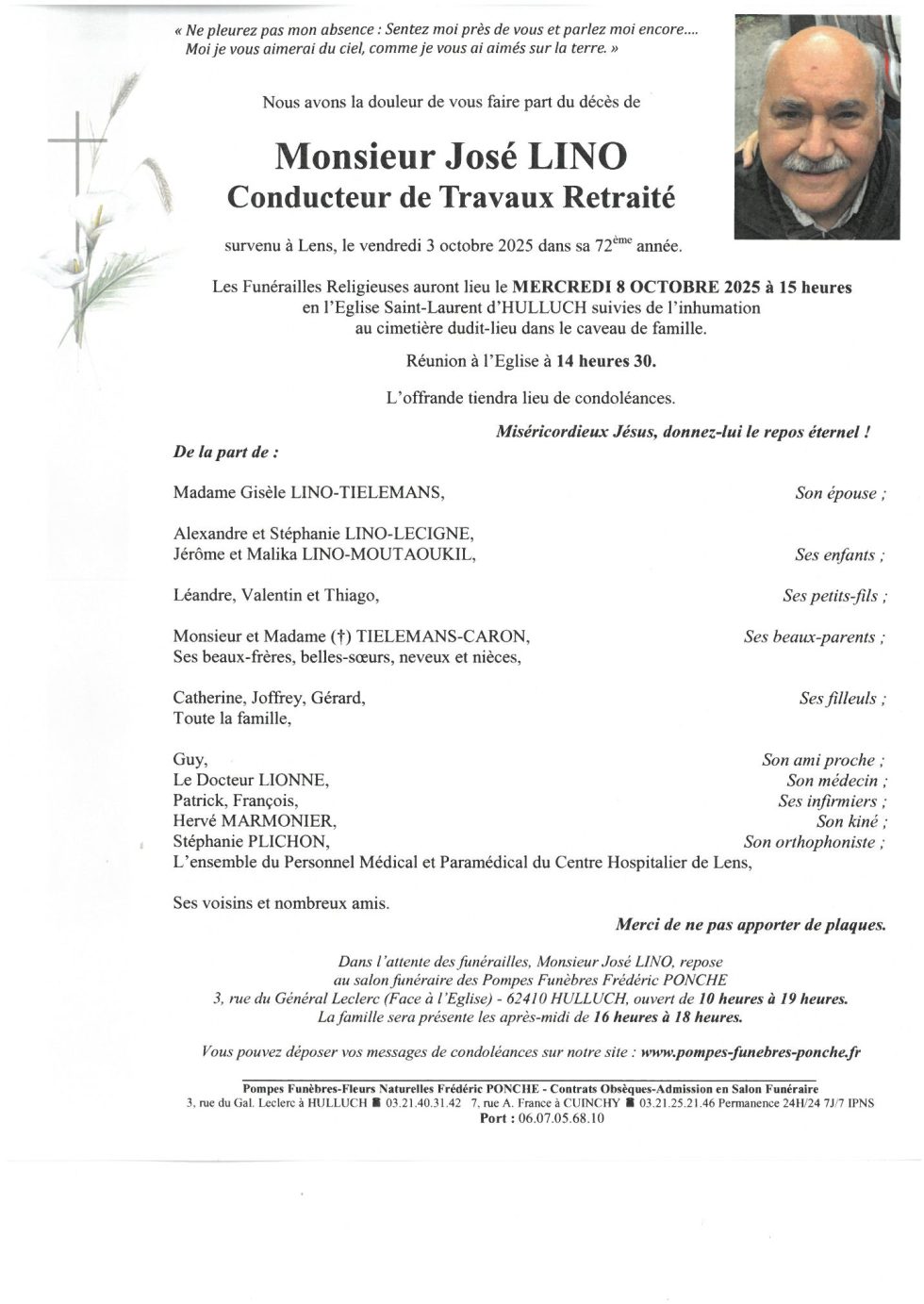 MONSIEUR JOSÉ LINO | Pompes Funebres Ponche Frédéric